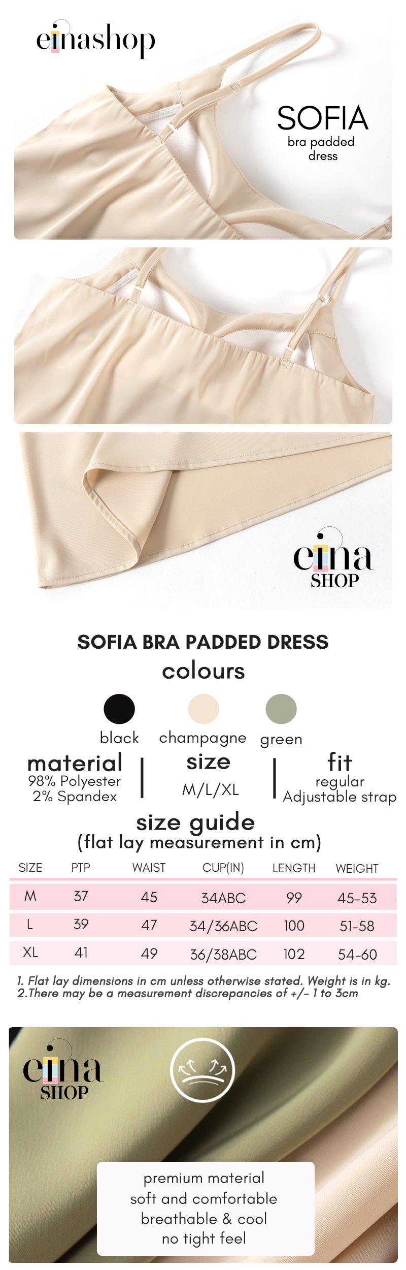 Sofia Bra Padded Cami Dress - einashop