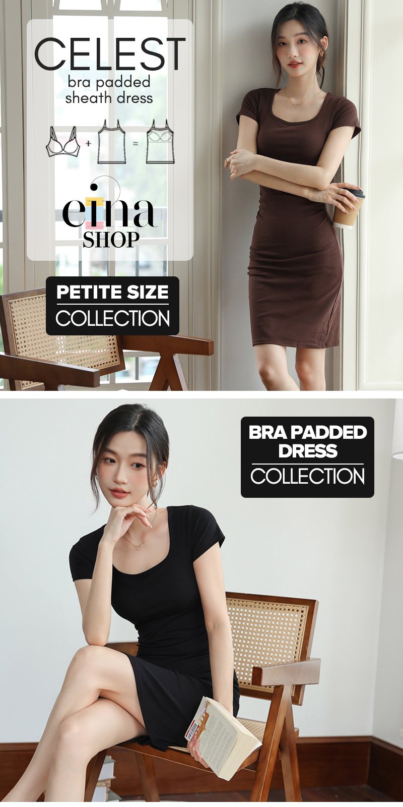 Celest Square Neck Bra Padded Sheath Dress - einashop