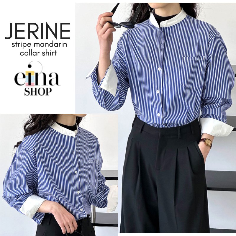 Jerine Stripe Mandarin Collar Shirt Signature Collection - einashop
