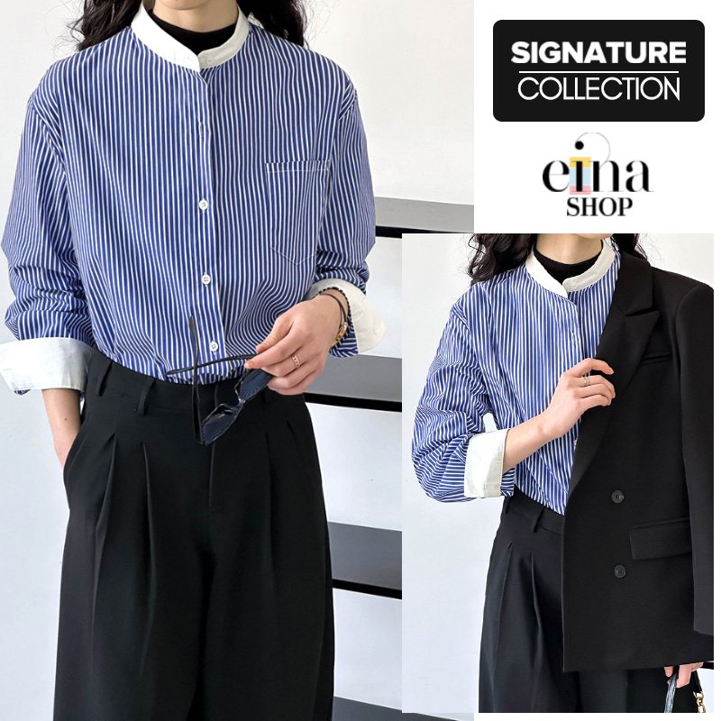 Jerine Stripe Mandarin Collar Shirt Signature Collection - einashop